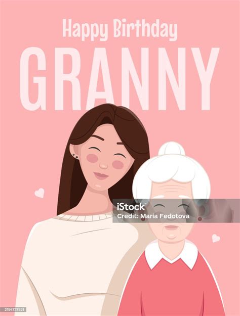 생일 축하 할머니 인사말 카드입니다 손녀를 데리고 있는 할머니 분홍색 배경에 평평한 문자입니다 벡터 일러스트 레이 션 가족에 대한 스톡 벡터 아트 및 기타 이미지 Istock