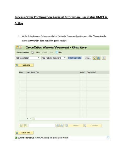 Kbasapppqm01process Order Confirmation Reversal Error When User
