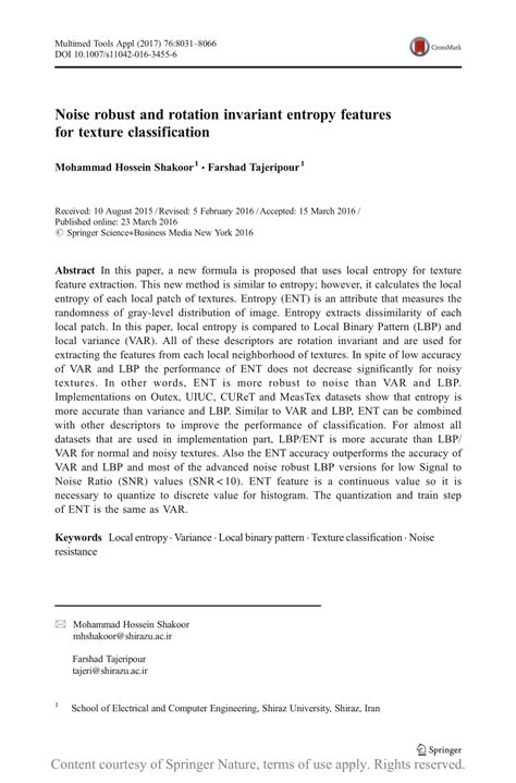 Noise Robust And Rotation Invariant Entropy Features For Texture