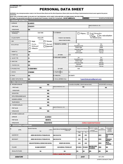 Personal Data Sheet Template Pdf