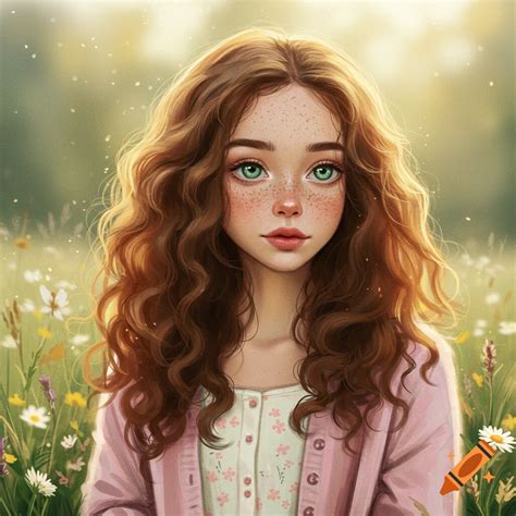 Stylized Digital Portrait Of A Young Girl With Green Eyes Brown Hair