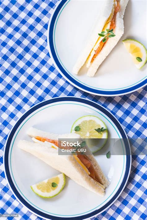 체크 무늬 블루 식탁보에 레몬 빛 연어와 백 리 향 샌드위치 제공 상위 뷰 0명에 대한 스톡 사진 및 기타 이미지 0명 길거리 음식 노르웨이 Istock