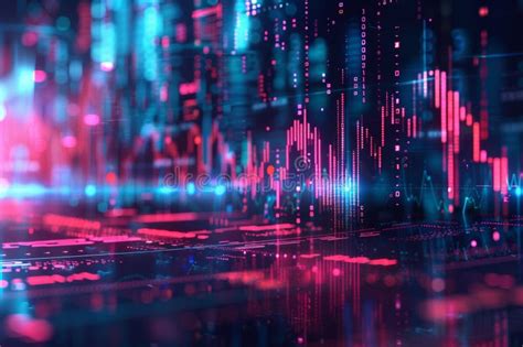 Abstract Digital Data Visualization With Red And Blue Neon Lights Stock