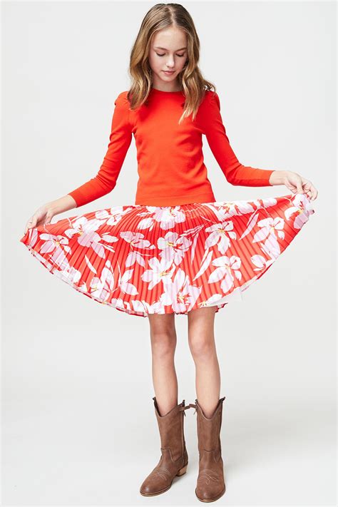 Hibiscus Print Twill Pleat Skirt Preteen Girls Fashion Cute Girl