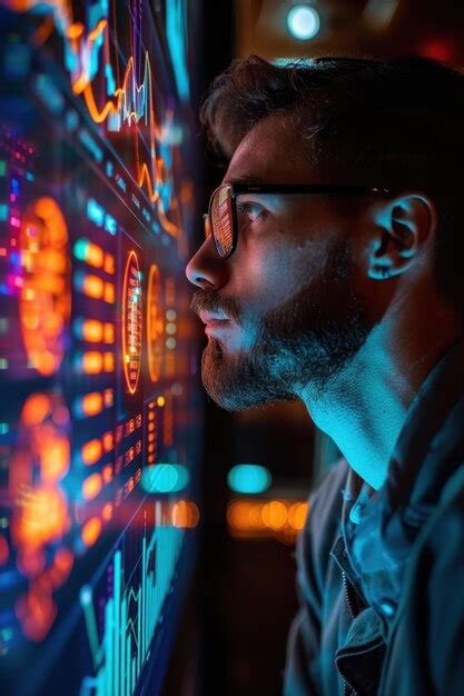 Man Analyzing Data On Digital Screen With Futuristic Interface In Low