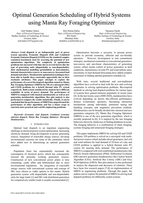 Pdf Optimal Generation Scheduling Of Hybrid Systems Using Manta Ray