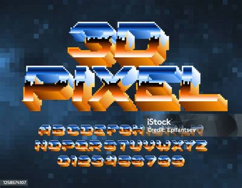 3d 픽셀 알파벳 글꼴 금속 효과 문자 와 숫자 추상 픽셀 배경입니다 0명에 대한 스톡 벡터 아트 및 기타 이미지 0명