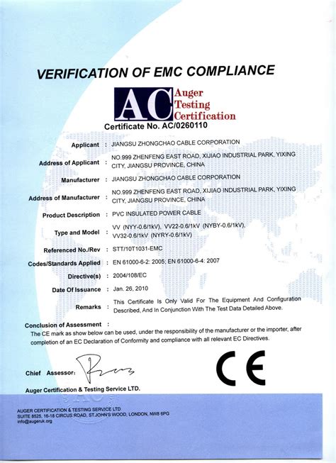 Ce Certificate Jiangsu Zhongchao Holding Co Ltd