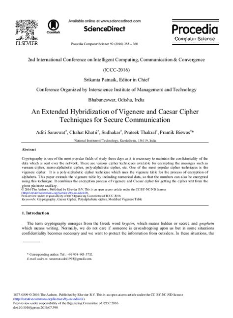 Pdf An Extended Hybridization Of Vigenere And Caesar Cipher Techniques For Secure Communication