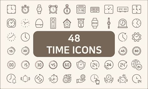 48 시간 및 시계 아이콘 라인 스타일 집합입니다 스톱워치 알람 시계 모래 유리 타이머 등과 같은 아이콘이 포함되어 있습니다 시간에 대한 스톡 벡터 아트 및 기타 이미지