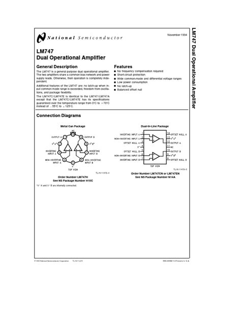 Lm747 Datasheet Pdf Dual Operational Amplifier National Semiconductor Now Texas Instruments