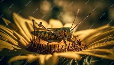 Premium Ai Image A Grasshopper Sits On A Sunflower