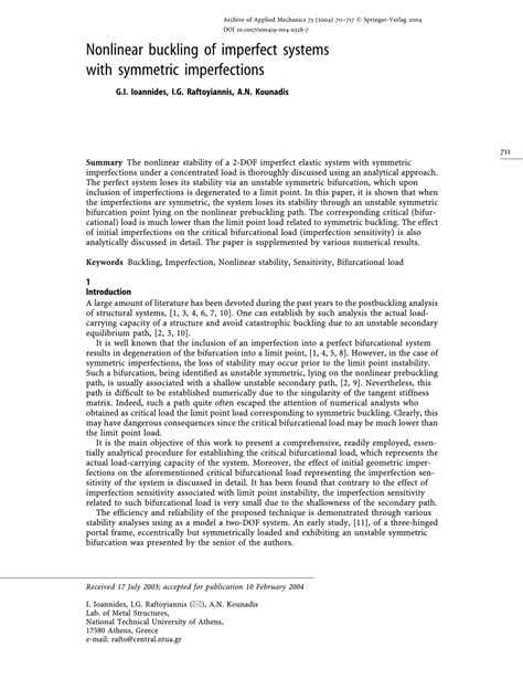 Pdf Nonlinear Buckling Of Imperfect Systems With Symmetric Imperfections