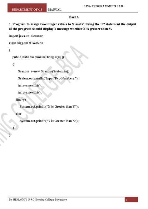 Java Lab Part A Bca Java Department Of Cs Manual Part A Program To Assign Two Integer