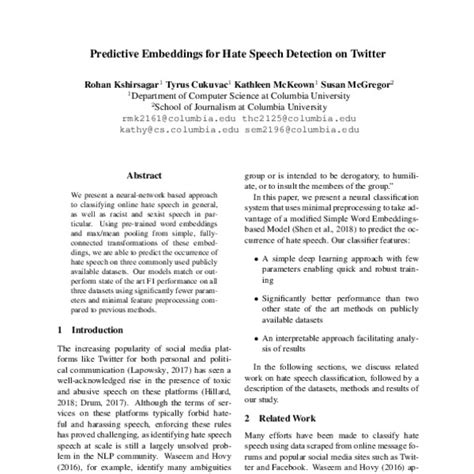 Predictive Embeddings For Hate Speech Detection On Twitter Acl Anthology