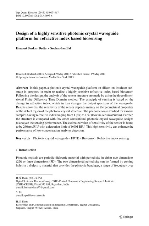 Pdf Design Of A Highly Sensitive Photonic Crystal Waveguide Platform For Refractive Index