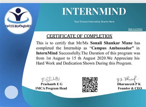 Campusambassador Internship Certificate Internmind Sonali Mane