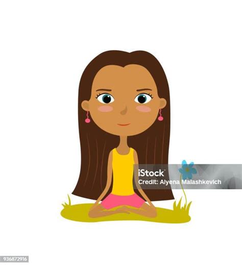 아주 어린 소녀 로터스 위치에 요가 관행 명상과 휴식 포스터입니다 벡터 일러스트 레이 션 귀여운에 대한 스톡 벡터 아트 및 기타