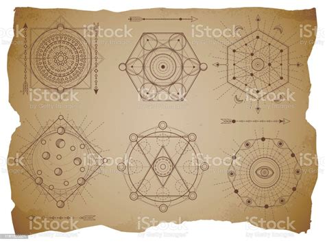 찢어진 가장자리와 오래 된 종이 배경에 신성한 기하학적 기호의 벡터 집합입니다 추상 신비한 징후 컬렉션입니다 0명에 대한 스톡 벡터 아트 및 기타 이미지 Istock