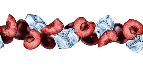 전체 체리 베리 얼음 조각을 얇게 썬다 과즙이 많은 달콤한 체리 과일의 단면 고립 된 손으로 그린 수채화 완벽 한 테두리 차가운 음료 상품 포장 화장품 섬유의 배경 0명에