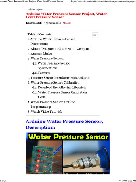 Arduino Water Pressure Sensor Project Water Level Pressure Sensor