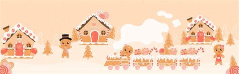Rumah Roti Jahe Natal Charactrs Dan Lanskap Kereta Api Spanduk Ucapan Dalam Gaya Kartun Liburan
