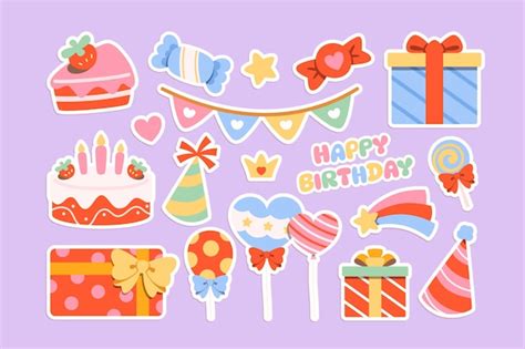 다채로운 생일 스티커 세트 컬렉션 프리미엄 벡터