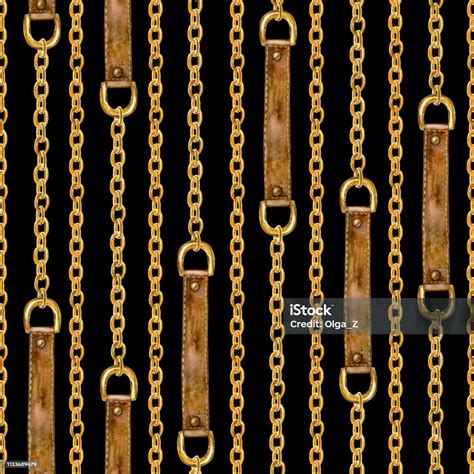 골든 체인 글 래 머 완벽 한 패턴 일러스트입니다 황금 체인과 가죽 벨트 수채화 질감입니다 0명에 대한 스톡 벡터 아트 및 기타 이미지 Istock