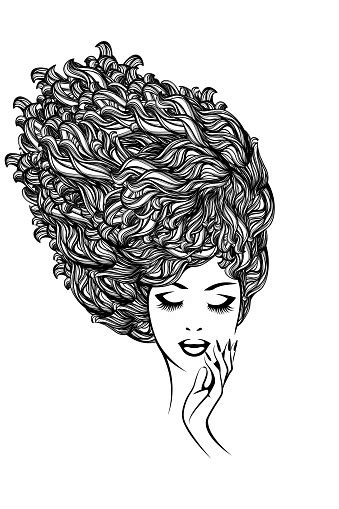 바람에 흐르는 길고 곱슬 머리를 가진 아름 다운 여자 우아한 메이크업과 매니큐어 아름다움 손톱 예술 및 헤어 살롱 벡터 일러스트 레이 션입니다 네일 살롱에 대한 스톡 벡터