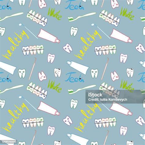 다른 감정 치약 브러시 회색 파란색 배경에 치과 의사 도구와 귀여운 치아 원활한 패턴 0명에 대한 스톡 벡터 아트 및 기타 이미지 Istock