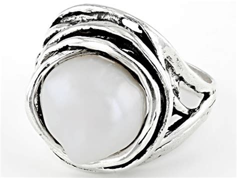 Pre Owned White Cultured Freshwater Pearl Oxidized Sterling Silver Ring