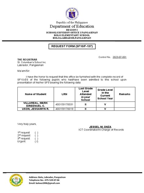 Form 137 138 Request Pdf Government Philippines