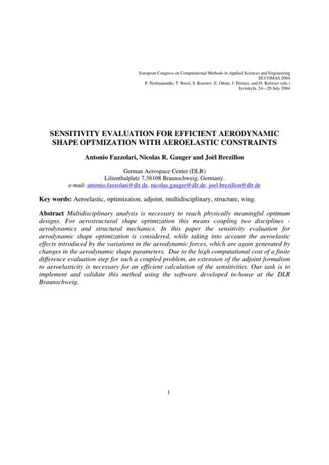 Pdf Sensitivity Evaluation For Efficient Aerodynamic Shape Optimization With Aeroelastic