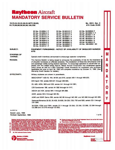 Aircraft Mandatory Service Bulletin Beech Aero Club