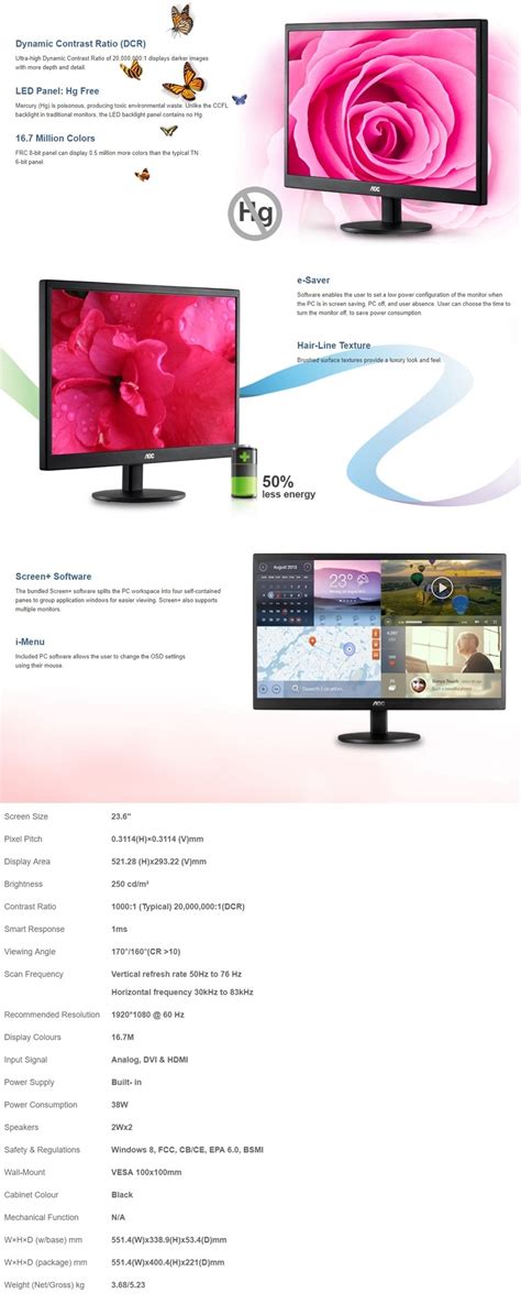 Aoc E2470swh 24 Led Lcd Gaming Computer Monitor Fhd 1ms Speaker Hdmi