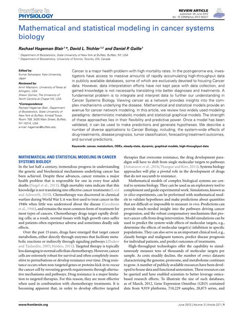 Pdf Mathematical And Statistical Modeling In Cancer Systems Biology
