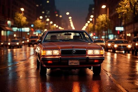 Oncoming Traffic Vintage Classic Car In The City At Night With