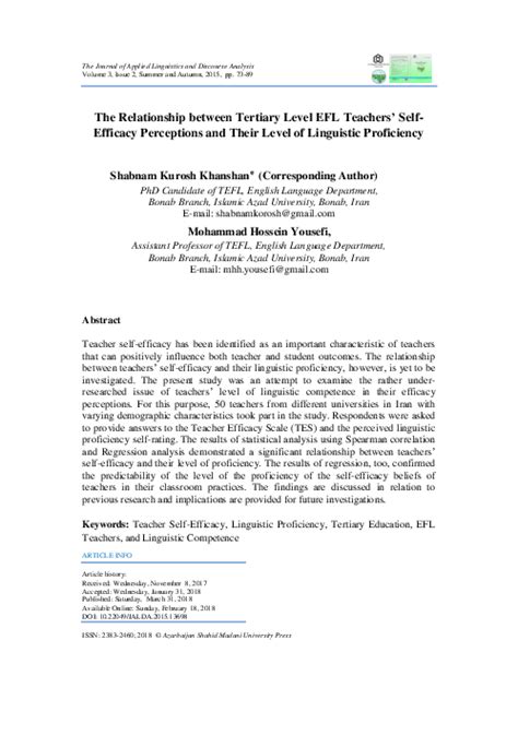 Pdf The Relationship Between Tertiary Level Efl Teachers Self Efficacy Perceptions And Their
