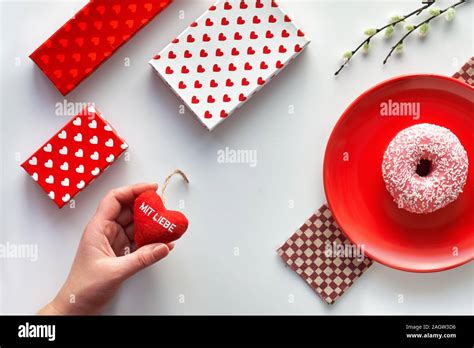 Valentine Day Flat Lay Top View On White Geometric Background With Pussy Willow T Boxes