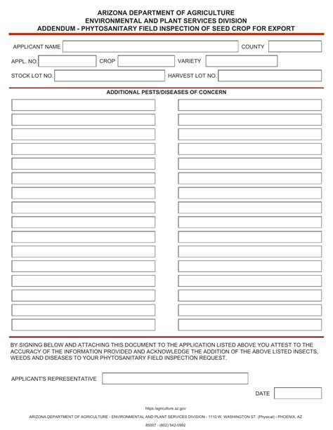 Arizona Addendum Phytosanitary Field Inspection Of Seed Crop For