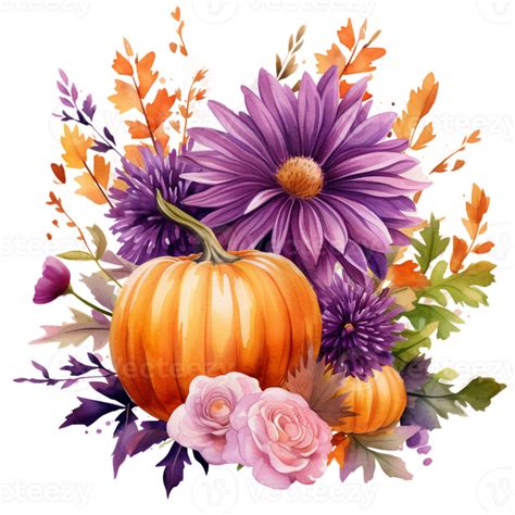 Autumn Pumpkin And Purple Daisy Flowers Watercolor Illustration