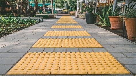 Tactile Paving On Pedestrian Walkway Yellow Tactile Tiles Outdoor