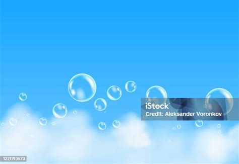 파란색 배경에 분리 된 목욕 거품 샴푸 거품 질감 물에 용해 된 비누 세탁의 효과 기포에 대한 스톡 벡터 아트 및 기타 이미지