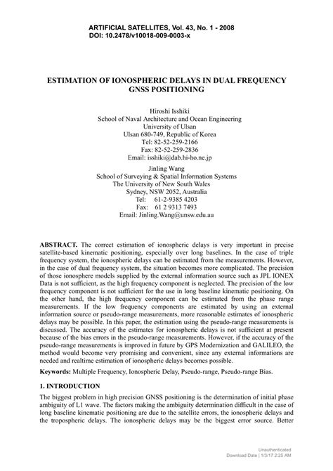 Pdf Estimation Of Ionospheric Delays In Dual Frequency Gnss Positioning