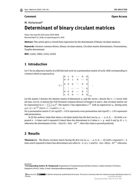 Pdf Determinant Of Binary Circulant Matrices