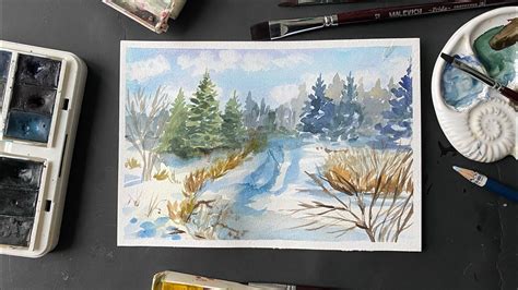 Рисуем зимний пейзаж поэтапно ️ Ели сугробы замерзшая река Арт Вереск Youtube
