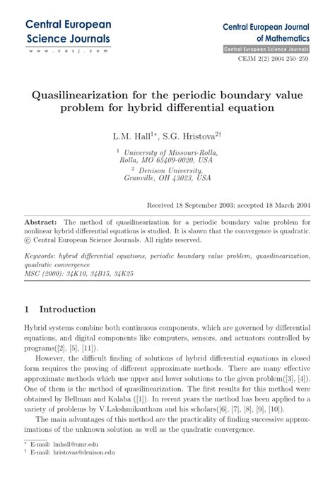 Pdf Quasilinearization For The Periodic Boundary Value Problem For Hybrid Differential Equation