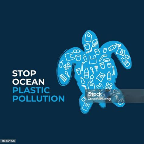 바다 플라스틱 오염을 중지합니다 흰색 비닐 쓰레기 봉투 파란색 배경에 병으로 구성된 거북이 생태 캠페인 쓰레기 투척에 대한 스톡 벡터 아트 및 기타 이미지 Istock