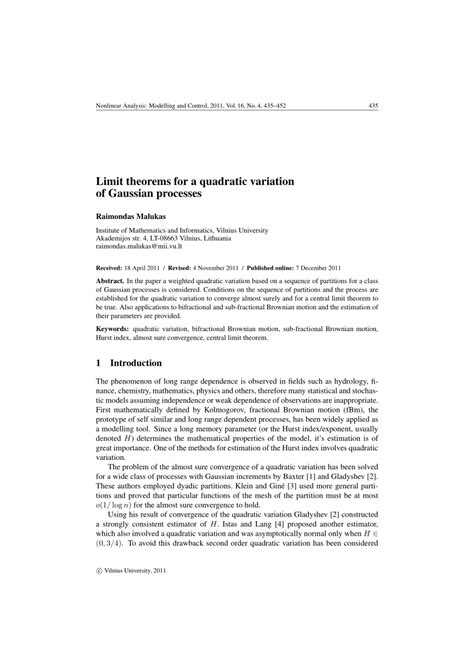 Pdf Limit Theorems For A Quadratic Variation Of Gaussian Processes