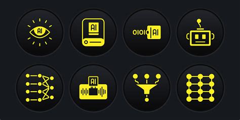 신경망 인공 지능 로봇 Ai 깔때기 필터 이진 코드 및 아이콘을 설정합니다 벡터 가공의 인물에 대한 스톡 벡터 아트 및 기타